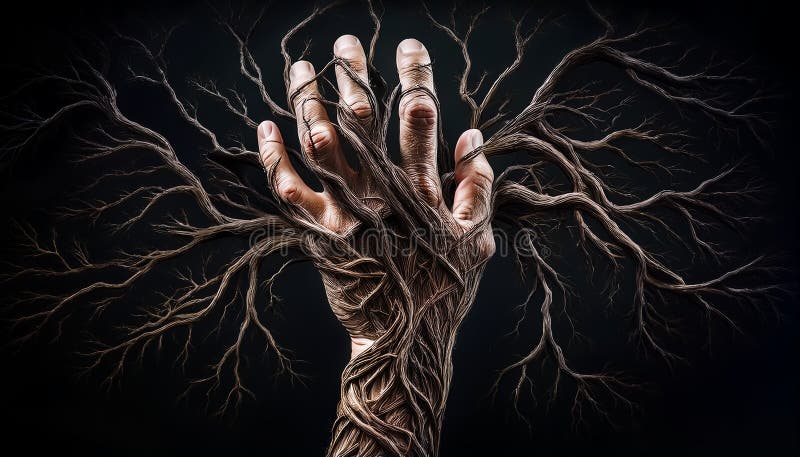 Human Hand Merging with Tree Roots Conceptual AI Artwork on Dark ...