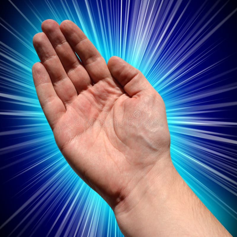 Human Hand with Open Palm, Blue Background. Stock Image - Image of star ...