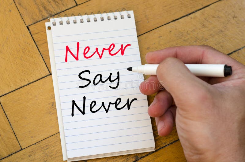 Human Hand Over Wooden Background and Never Say Never Text Conce Stock ...