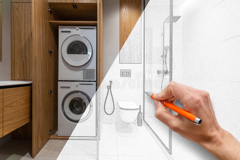 Human Hand with Pencil Making Design Project of Modern Bathroom with ...