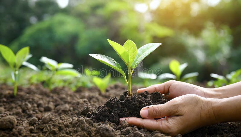 Human Hand Planting Young Plants in Soil on Blurred Nature Background ...