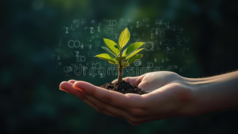 Human Hand Plants Miniature Tree Dark Background Digital Visualization ...
