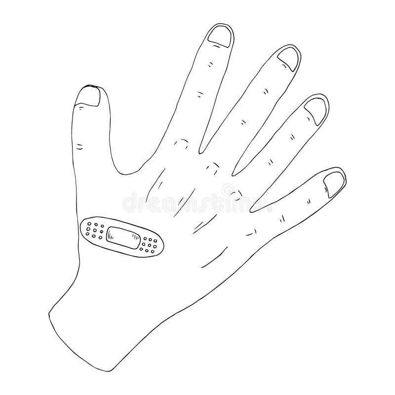 Human Hand with a Plaster. Hand Drawn Doodle Hand with a Medical ...