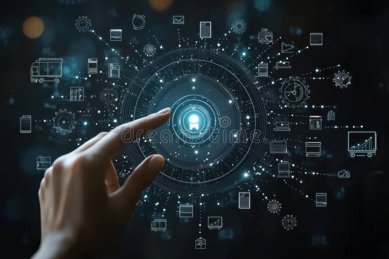 Hand Interacting with Futuristic Digital Interface Representing AI and ...