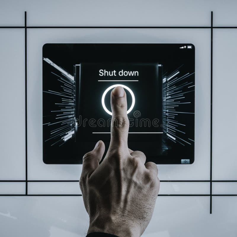 Human Hand Press Shutdown Button on Virtual Screen. Shut Down Concept ...