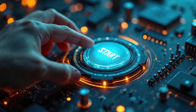 Human Hand Presses Illuminated Start Button, Beginning Process in Tech ...