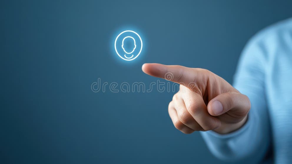 Human Hand Pressing a Button on Interactive Blue Touchscreen Display ...