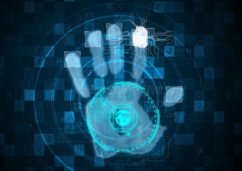 Human Hand Print Over Biometric Scanner Against Data Processing on Blue ...
