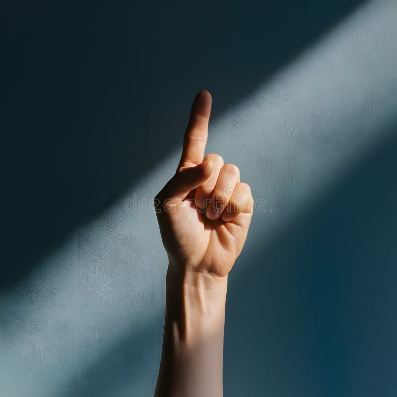Hand Pointing Upwards in Shadow, Illuminated Against Soft Blue ...