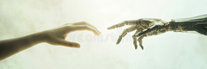 A Human Hand Reaches Out To Connect with a Robotic Hand, Representing ...
