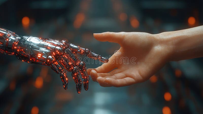 A Human Hand Reaches Out To a Robotic Hand in a Celestial Backdrop ...