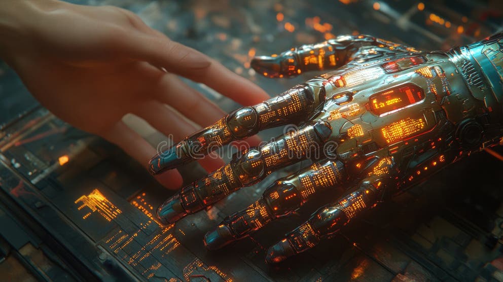 A Human Hand Reaches Out To a Robotic Hand in a Celestial Backdrop ...