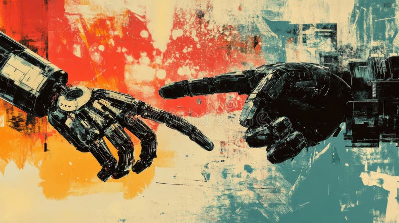 Human Hand Reaches for Robotic Hand in Modern Collage Representing the ...