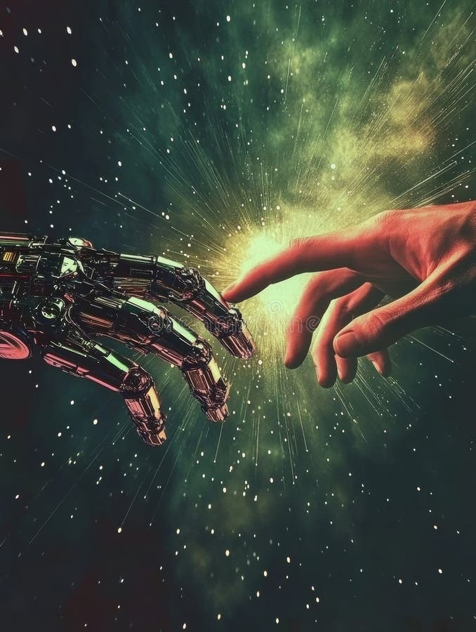 Human Hand Reaching To Connect with Robotic Hand in a Modern Collage ...