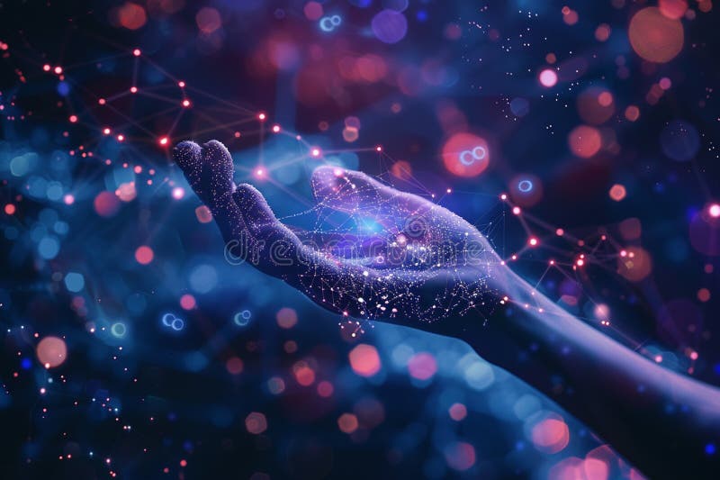 Human Hand Reaching for Connected Dots Network, Glowing Particles, Dark ...