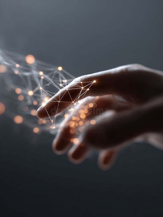 Human Hand Reaching for a Glowing, Interconnected Network. Represents ...