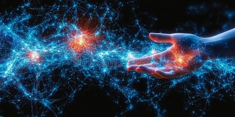 Human Hand Reaching Out To Glowing Nodes in Digital Neural Network ...