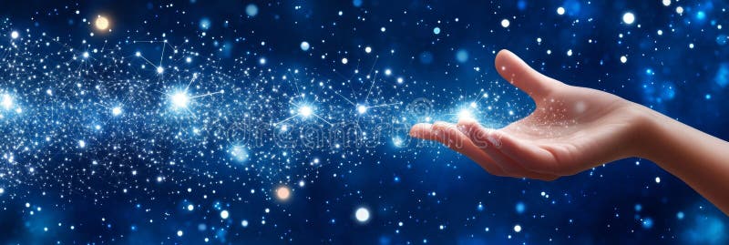 Human Hand Reaching Out To Network of Illuminated Points on Blue ...