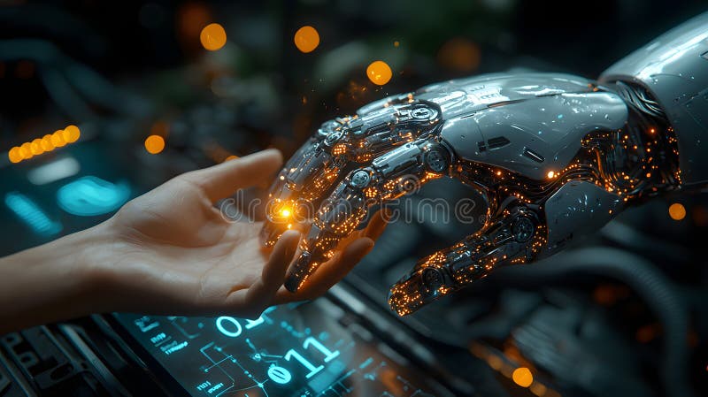 Human Hand Reaching Out To a Robotic Hand in a Futuristic Setting with ...
