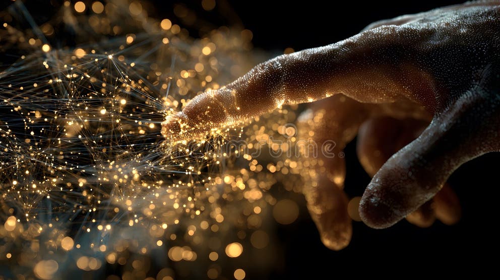 Human Hand Touching Sparkling Digital Network in Dark Background with ...