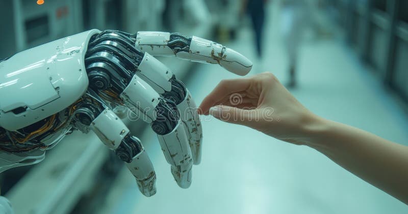 Human Hand Reaching To Touch a Robotic Finger in a Modern Setting Stock ...