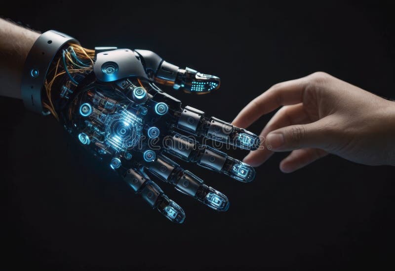 Human Hand Reaching Towards Advanced Robotic Hand in Dark Setting Stock ...