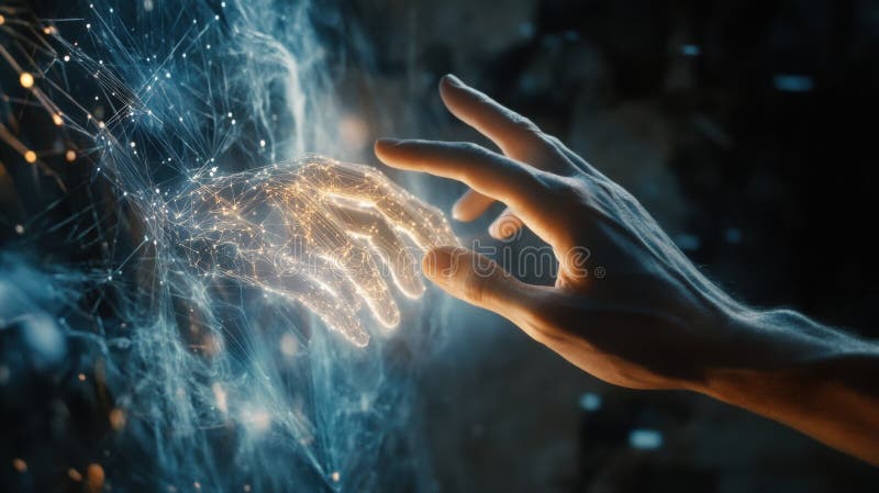 Human Hand Reaching Towards a Digital Holographic Hand Stock ...