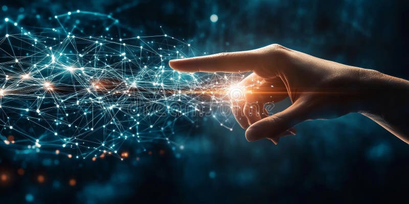 Human Hand Reaching Towards Digital Neural Network, Futuristic ...