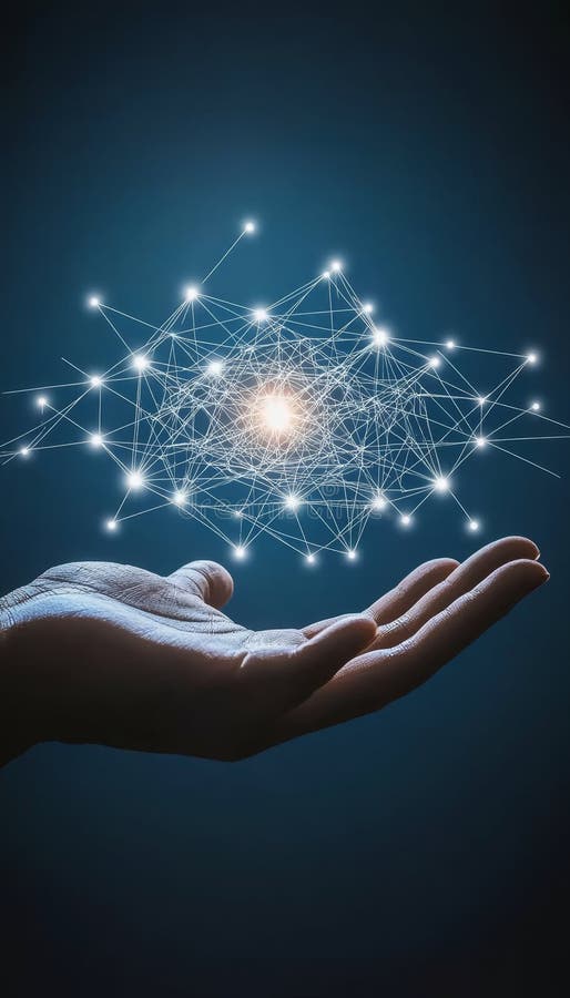 Human Hand Reaching Towards Glowing Network of Connected Nodes on Dark ...