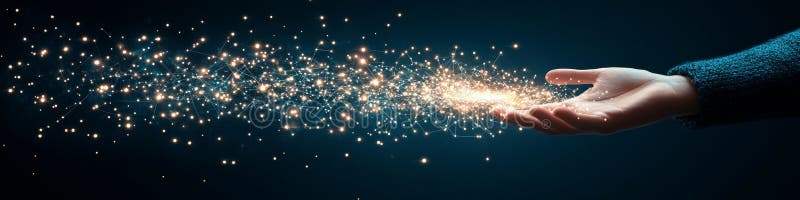 Human Hand Reaching Towards Glowing Network of Connected Nodes on Dark ...