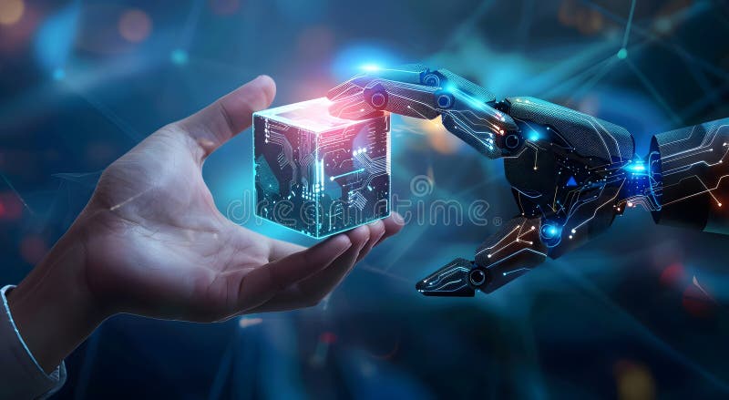 Human Hand and Robot Arm Holding an AI Cube on Dark Blue Background ...