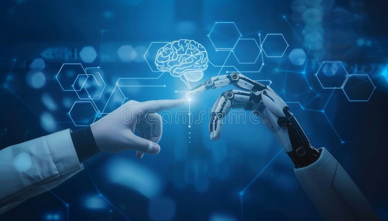 Human Hand and Robot Arm Pointing Towards Digital Brain, Concept of ...