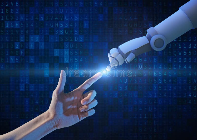 Human Hand And Robot Hand With Binary Number Code And Light On Blue ... Human Hand And Robot Hand With Binary Number Code And Light On Blue ...