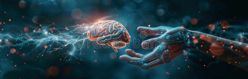 Human Hand and Robot Hand Holding Brain with Neural Connections ...