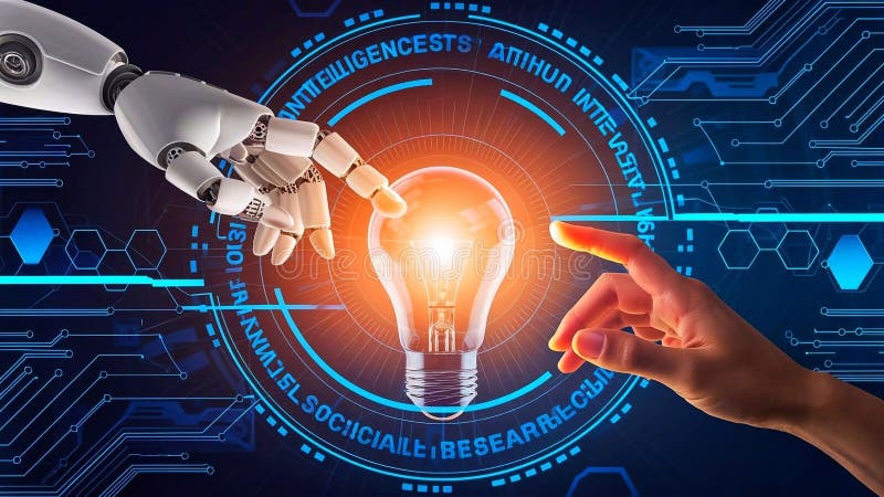 Human Hand and Robot Hand Touch Light Bulb Expressing Ideas Together ...