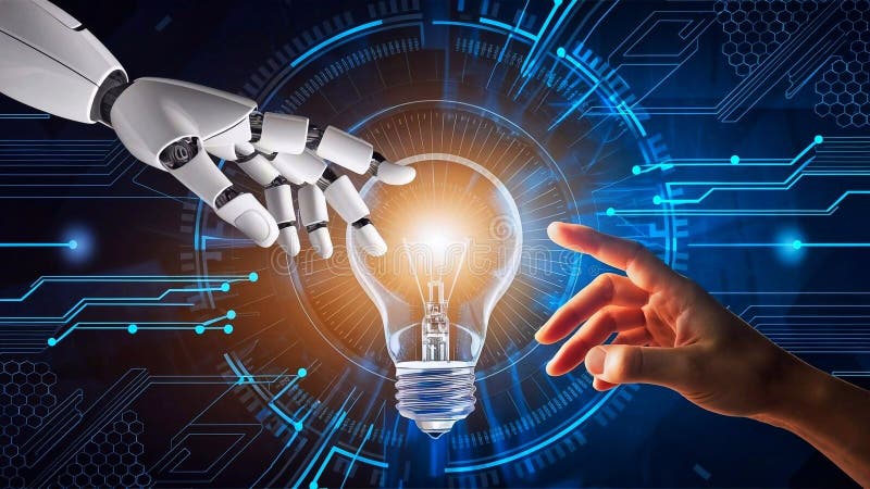 Human Hand and Robot Hand Touch Light Bulb Expressing Ideas Together ...