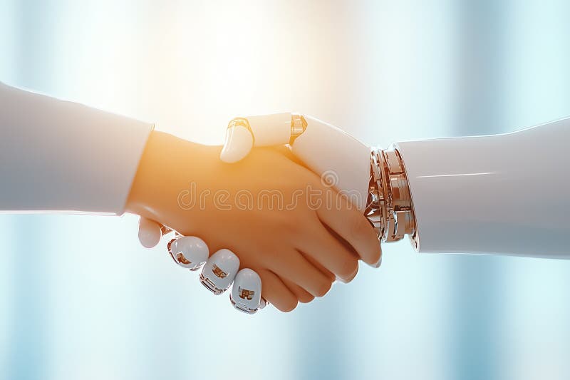 A Human Hand and a Robotic Arm Engage in a Stylized Handshake ...