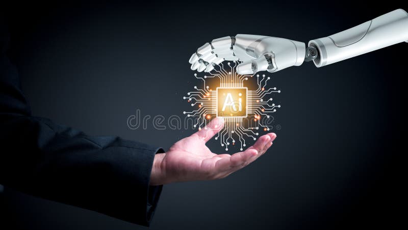 Human Hand and Robotic Hand Collaborating with Glowing AI Chip ...