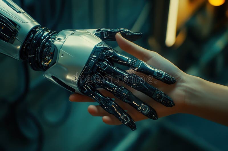 Human Hand Reaching Out To a Robotic Hand in a Futuristic Setting with ...