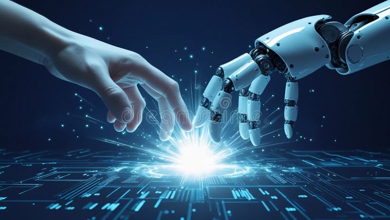 Human Hand and Robotic Hand Connection with Glowing Light Symbolizing ...