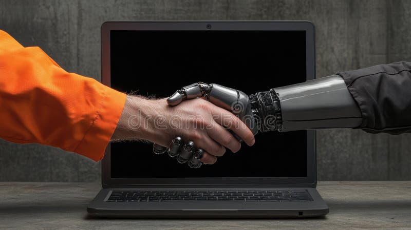 Human and Robot Hand Shake in Front of a Laptop, Symbolizing ...
