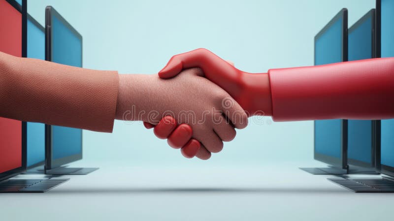 Human and Robot Hands Shake in Front of Laptops, Symbolizing ...