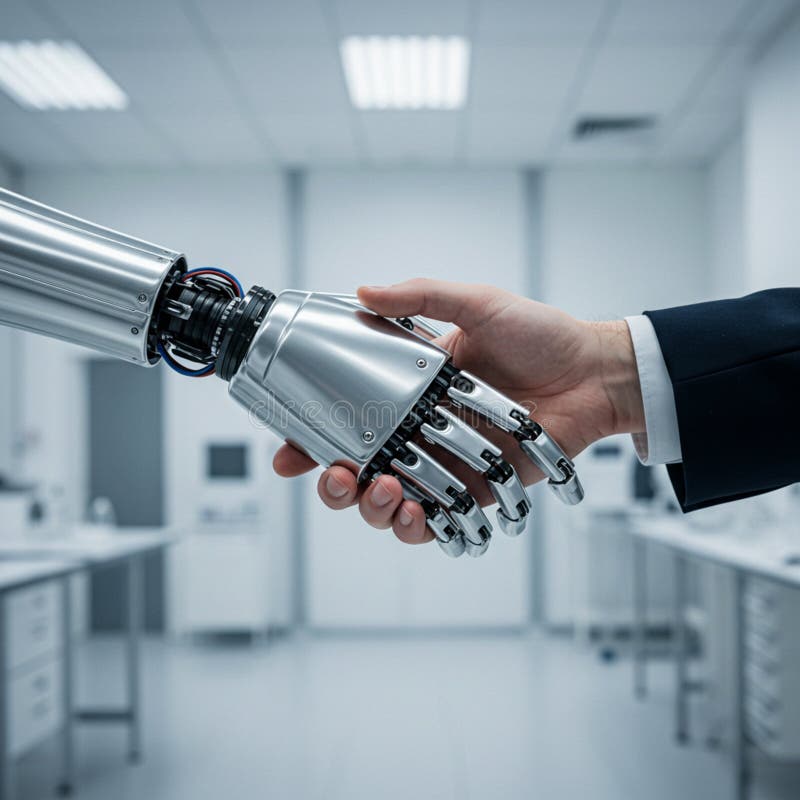 A Human Hand and a Robotic Hand are Engaged in a Handshake, Symbolizing ...