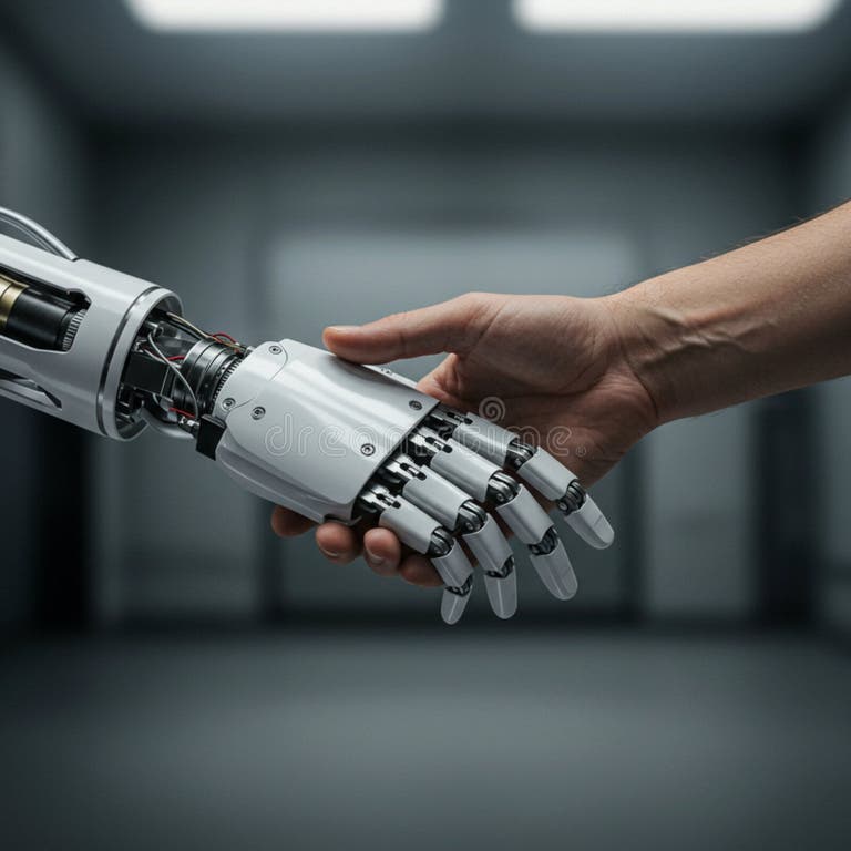 A Human Hand and a Robotic Hand Engage in a Handshake. the Robotic Hand ...