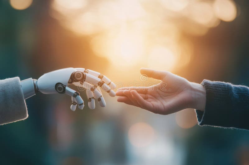 A Human Hand and a Robotic Hand Extend Towards Each Other, Symbolizing ...