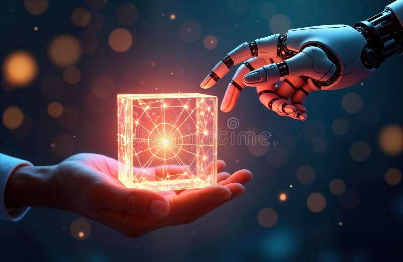 Human Hand, Robotic Hand Reach for Glowing Translucent Cube. Futuristic ...