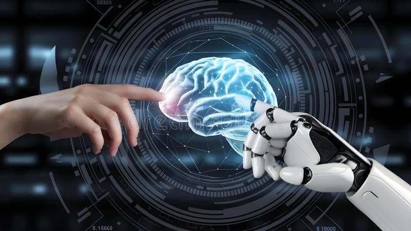 A Human Hand and a Robotic Hand Reach Toward a Glowing Blue Brain ...