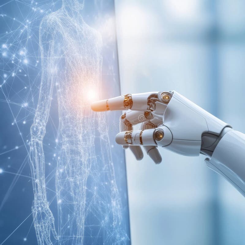 A Human Hand and a Robotic Hand Reaching Out To Each Other, with a ...