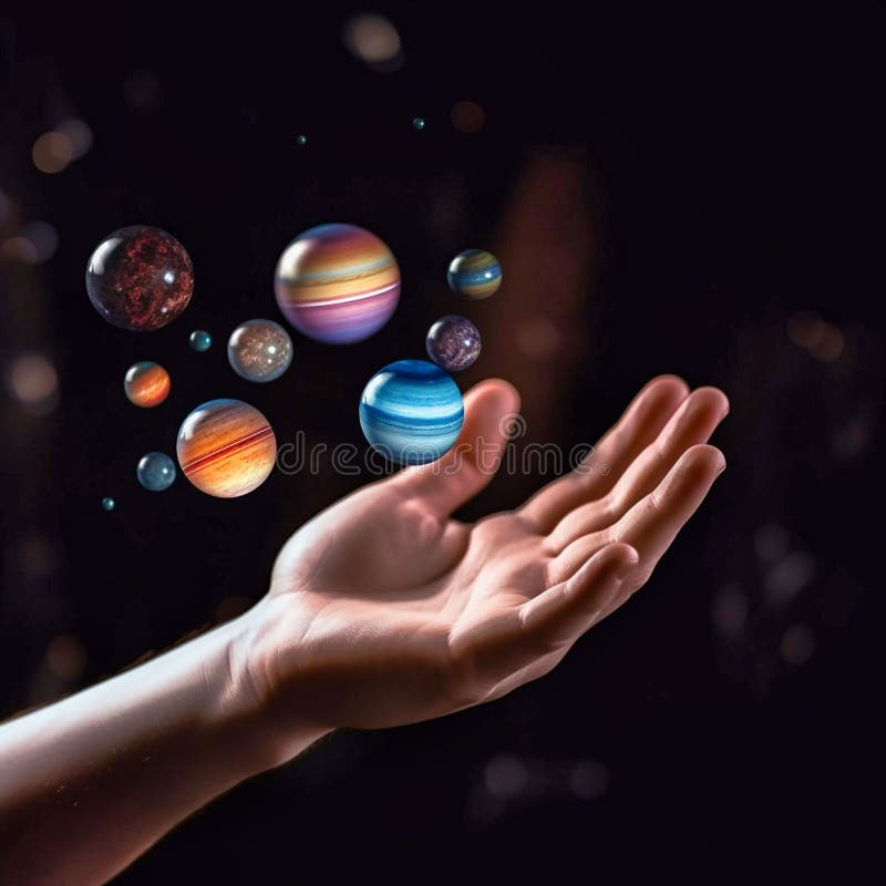 A Human Hand that Seems To Be Juggling the Planets. Generative AI Stock ...