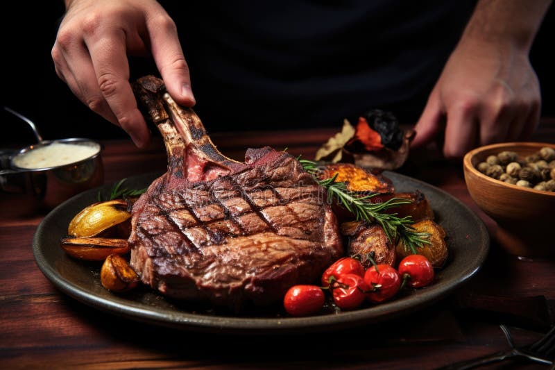 Human Hand Serving Grilled T-bone Steak on a Plate Stock Image - Image ...